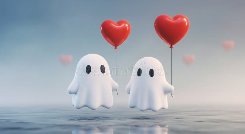 Two Cute, Cartoon-style Ghosts Float Over a Reflective Surface, Each ...