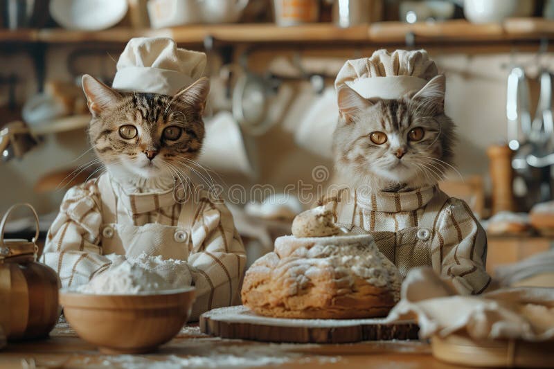 Cats Dressed As Chefs Baking a Loaf of Bread Stock Illustration ...