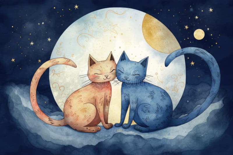 Two Cute Cats Sit Against the Backdrop of the Moon, Digital Art Style ...