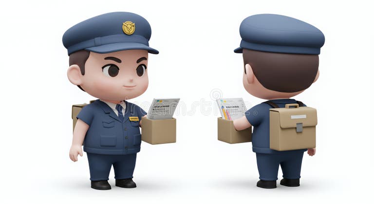 Two Cute Chibi Mail Carriers Exchanging Packages, 3D Render Isolated on ...