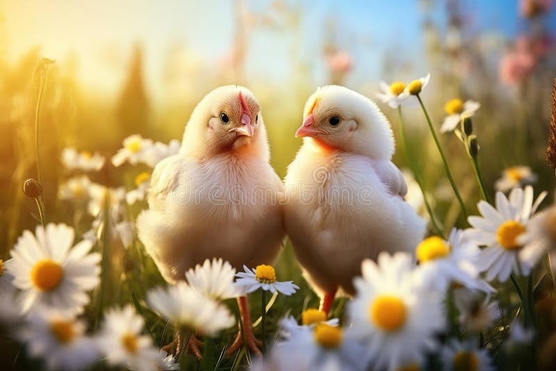 Two Chickens on a Green Meadow with Flowers in Summer, Generated by AI ...