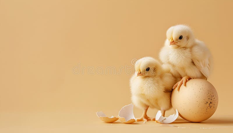 Two Cute Chicks and Pieces of Eggshell on Beige Background, Closeup ...
