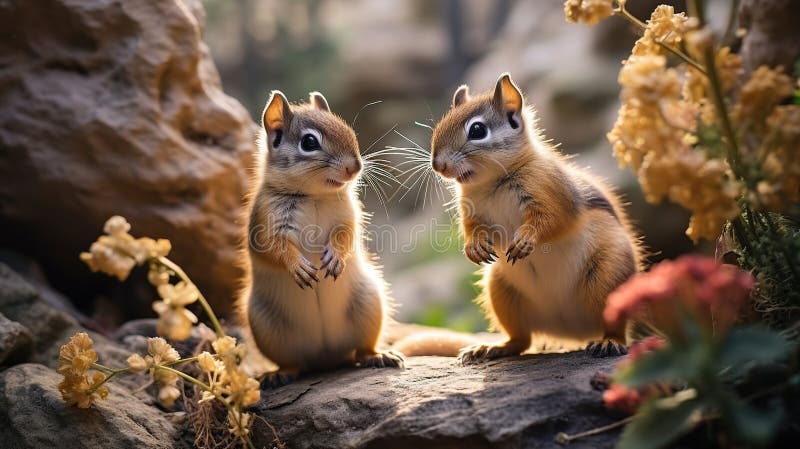 Two Cute Chipmunks Standing on a Rock Facing Each Other with Soft ...