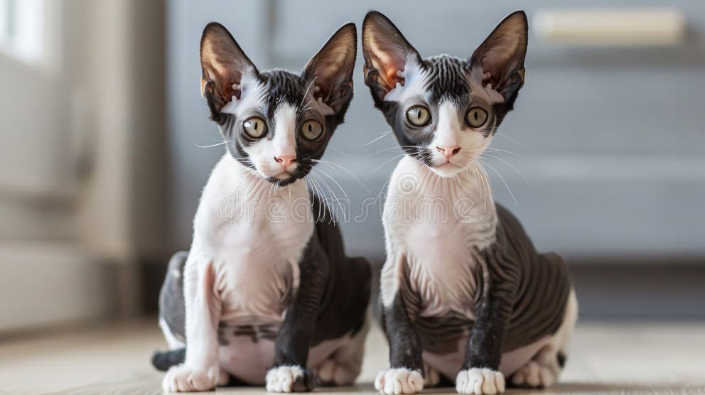 Two Cute Cornish Rex Cats Sitting on the Floor and Looking at the ...