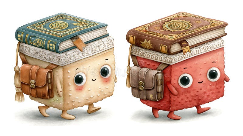 Two Cute Cube Characters with Books As Hats and Bags Stock Illustration ...