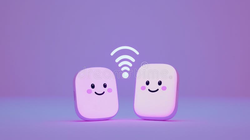 Two Cute Devices with Smiling Faces are Connecting with a Wifi Symbol ...
