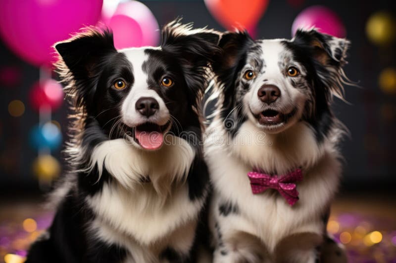 Two Cute Dogs on a Festive Party Background Stock Photo - Image of ...