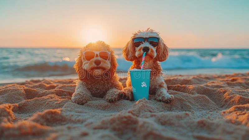 Two Cute Dogs with Sunglasses and Drink Relaxing on Sunny Beach Stock ...