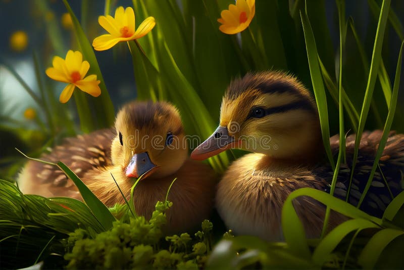 Two Cute Ducklings in the Grass and Flowers Stock Illustration ...