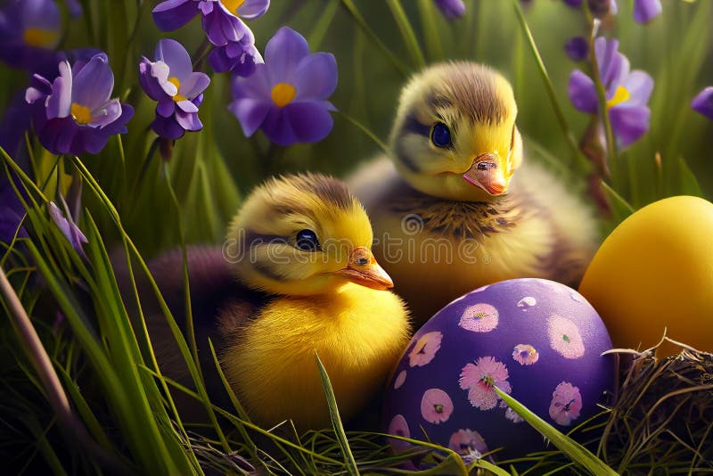 Two Cute Ducklings in the Nest Near the Eggs Stock Illustration ...