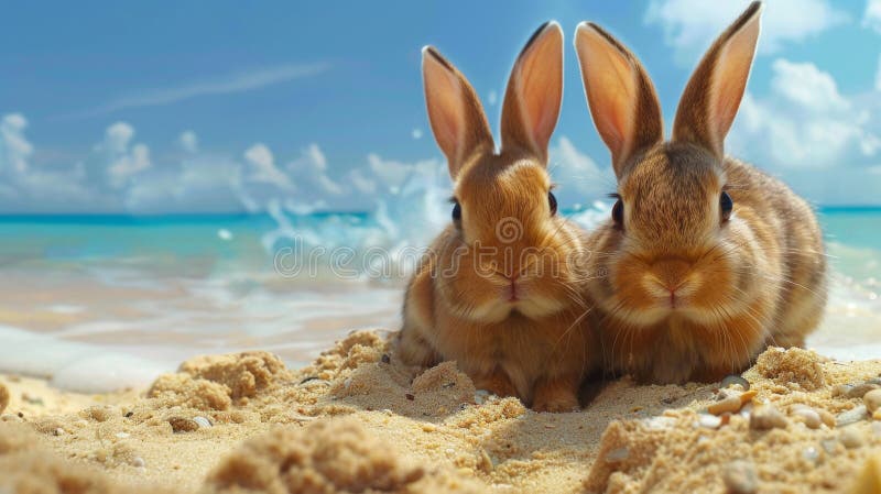 Two Cute Easter Bunnies on Vacation by Beach Coast Stock Photo - Image ...