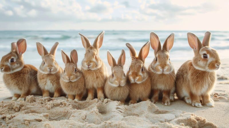 Two Cute Easter Bunnies on Vacation by Beach Coast Stock Photo - Image ...