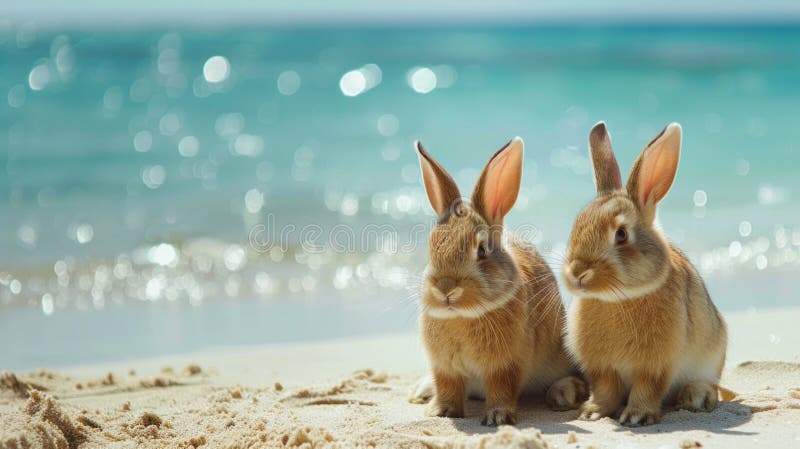 Two Cute Easter Bunnies on Vacation by Beach Coast Stock Image - Image ...