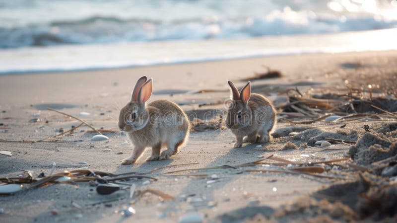 Two Cute Easter Bunnies on Vacation by Beach Coast Stock Image - Image ...