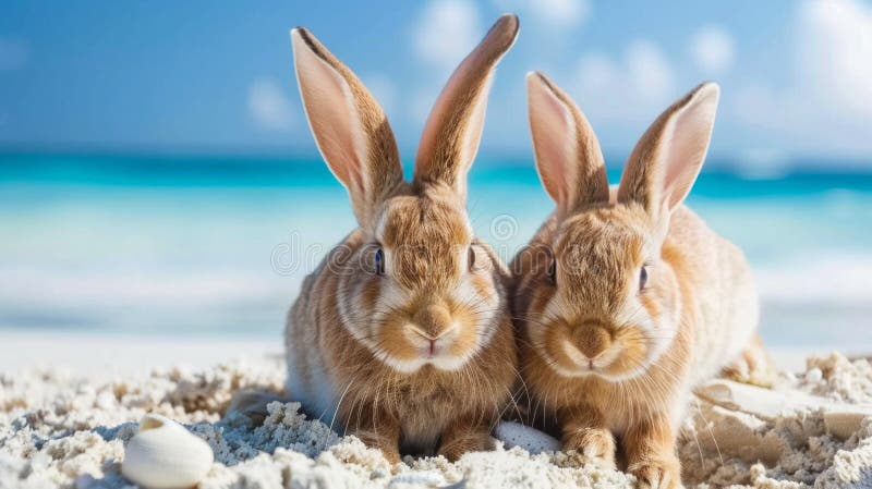 Two Cute Easter Bunnies on Vacation by Beach Coast Stock Image - Image ...