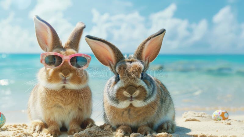 Two Cute Easter Bunnies on Vacation by Beach Coast Stock Photo - Image ...