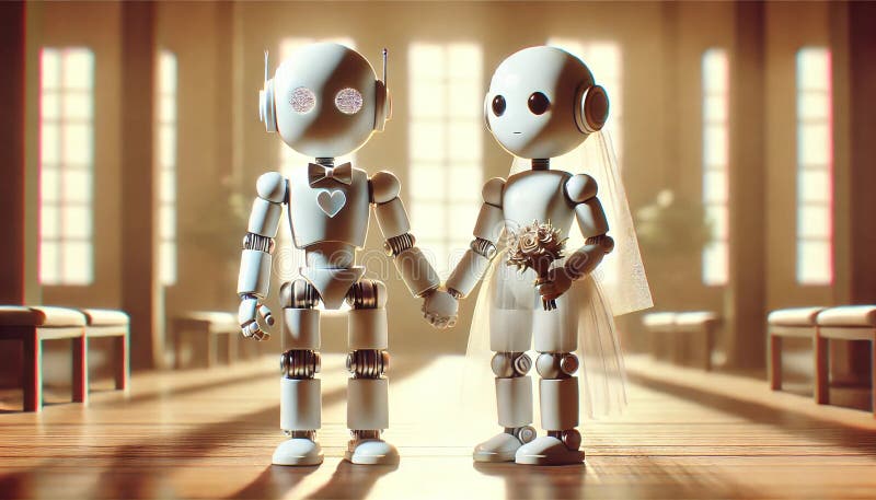 Two Cute Expressive Robots Getting Married, Holding Hands Stock ...
