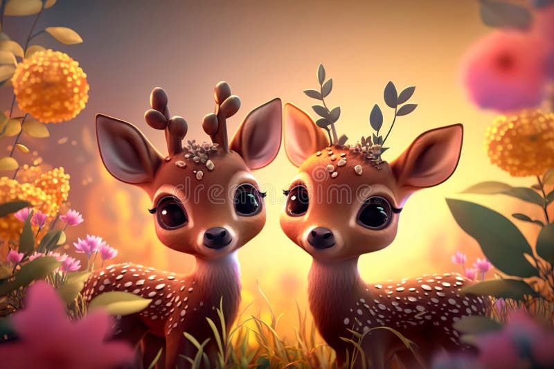 Two Cute Fawns and Flowers Realistic Generative AI Stock Illustration ...