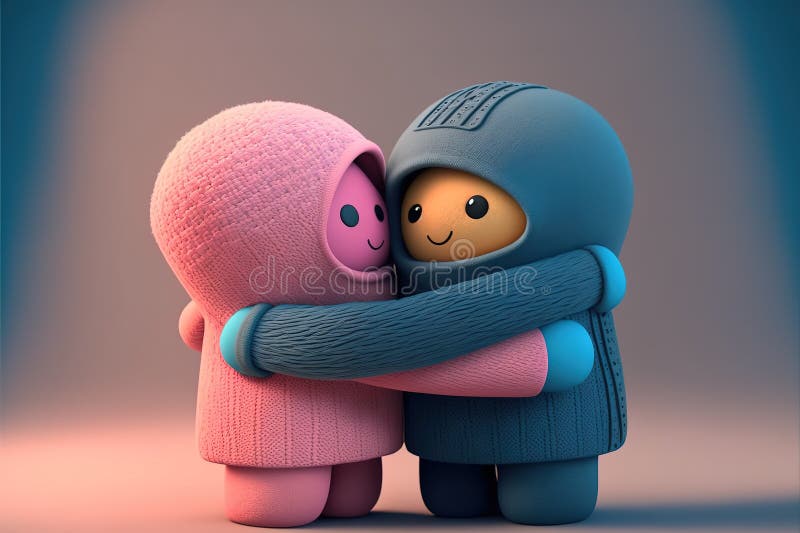 Two Cute Felt and Rubber 3d Render Characters Giving Hugs To Each ...