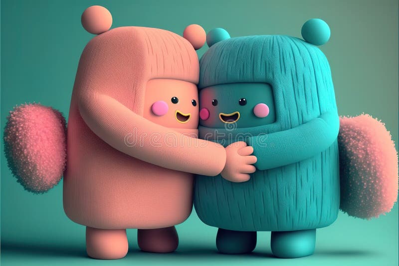 Two Cute Felt and Rubber 3d Render Characters Giving Hugs To Each ...