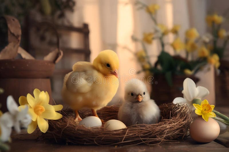 Two Cute Fluffy Chicks in a Birds Nest with Easter Eggs and Daffodils ...