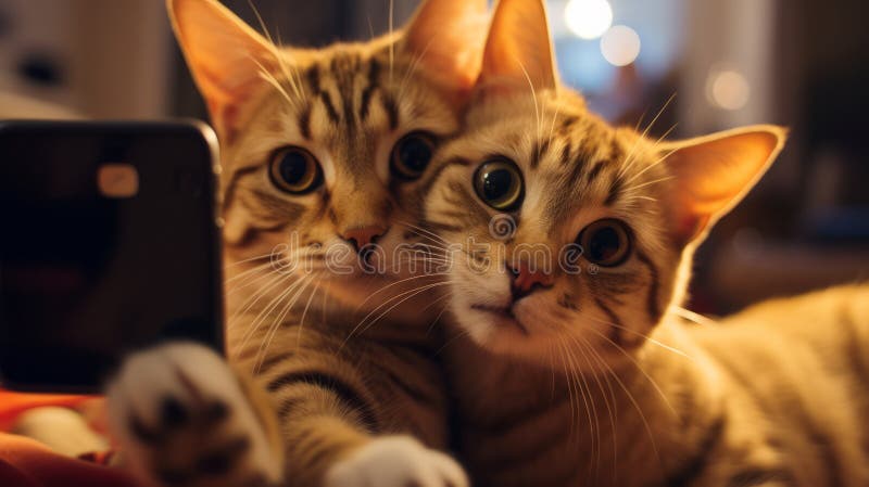 Two Cute Funny Cats Take a Selfie. Neural Network AI Generated Stock ...