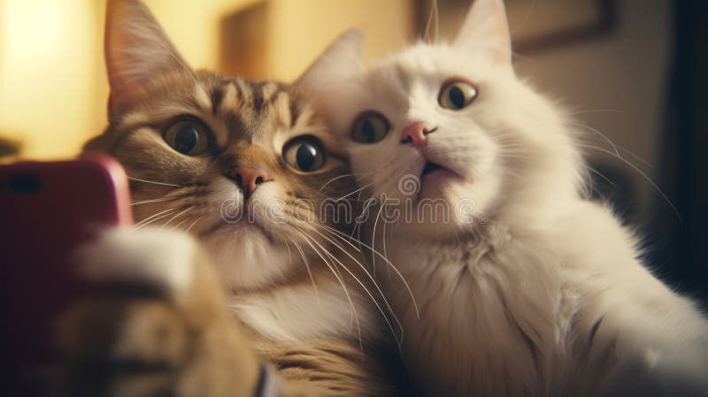 Two Cute Funny Cats Take a Selfie. Neural Network AI Generated Stock ...
