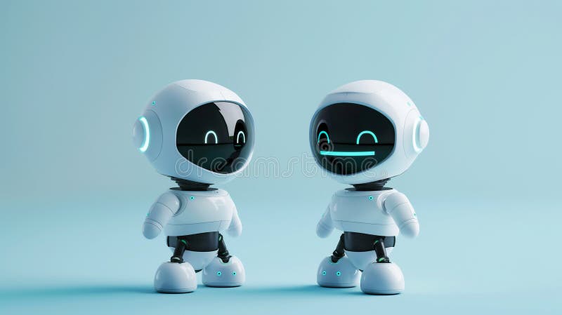 Two Cute, Futuristic Robots with Digital Faces, Interacting in a ...