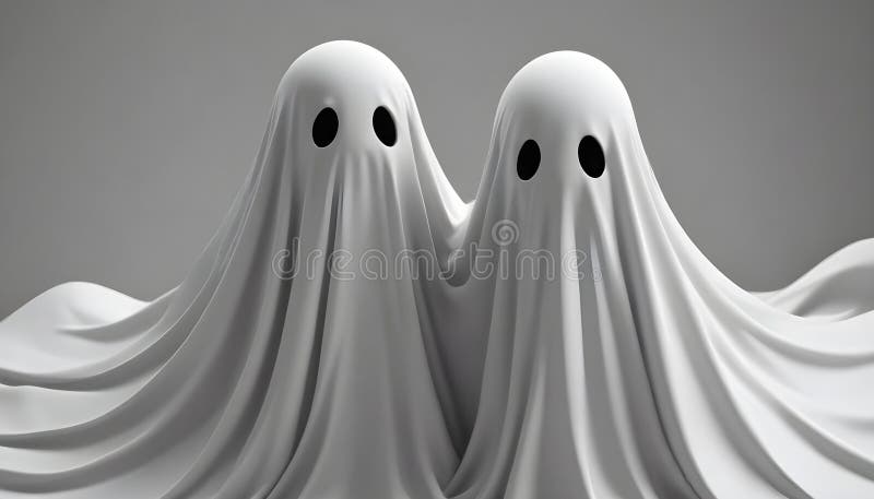 Two Cute Ghosts, Draped in White Sheets, Huddle Together Against a ...