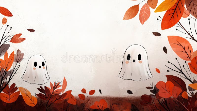 Two Cute Ghosts Surrounded by Colorful Autumn Leaves on a White ...