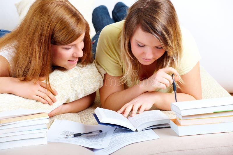 Two Cute Girls Learning with Books Stock Photo - Image of homework ...
