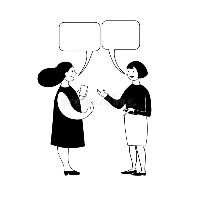 Two Cute Girls Talking. Black and White Vector Illustration. Stock ...
