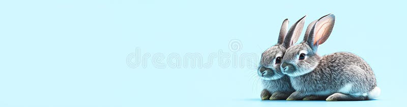 Two Cute Grey Rabbits with Long Ears on a Light Blue Background. Stock ...
