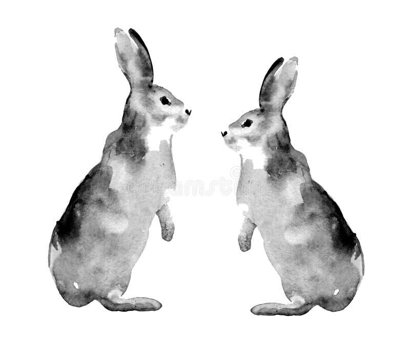 Two Cute Hand-drawn Watercolor Bunnies Stock Illustration ...