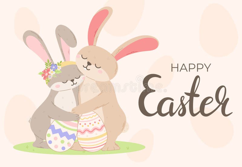 Two Cute Hugging Hares with Decorated Eggs. Vector Cartoon Happy Easter ...