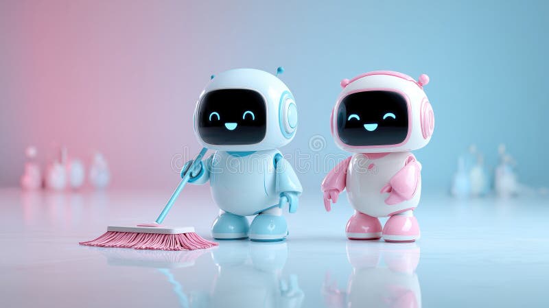 Two Cute Humanoid Robots Cleaning with Mop Stock Illustration ...