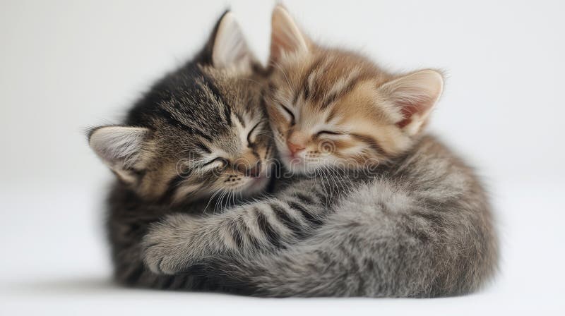 Two Cute Kittens Cuddle Closely, Sharing a Tender Moment of Affection Against a White Backdrop ...