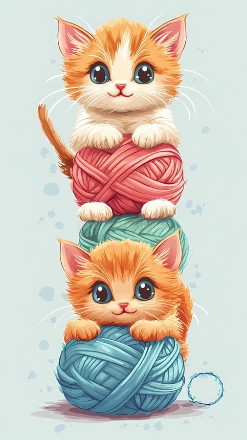 Two Cute Kittens Playfully Stacked on Colorful Yarn Balls Stock ...