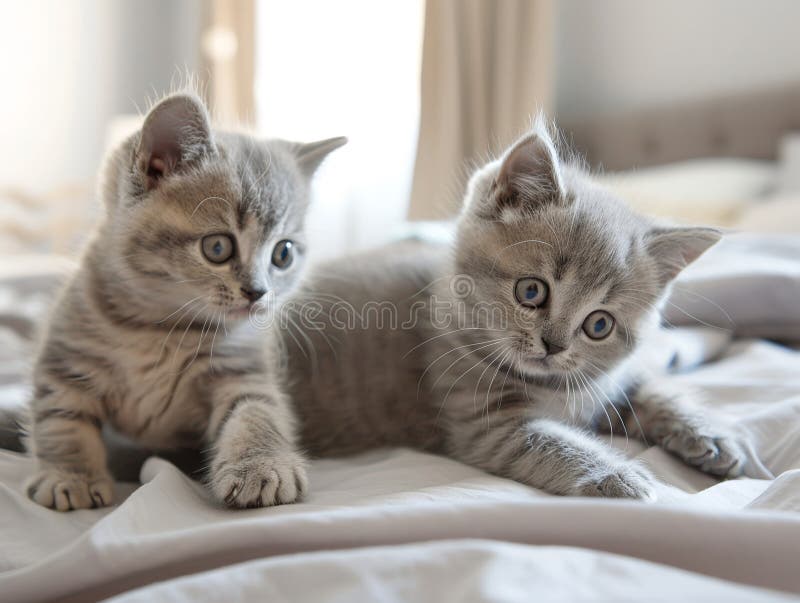 Two Cute Kittens Playing on a Bed. Generative AI Stock Illustration ...