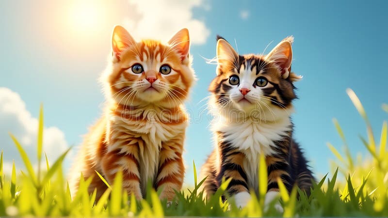 Two Cute Kittens Sitting in Grass Stock Illustration - Illustration of ...