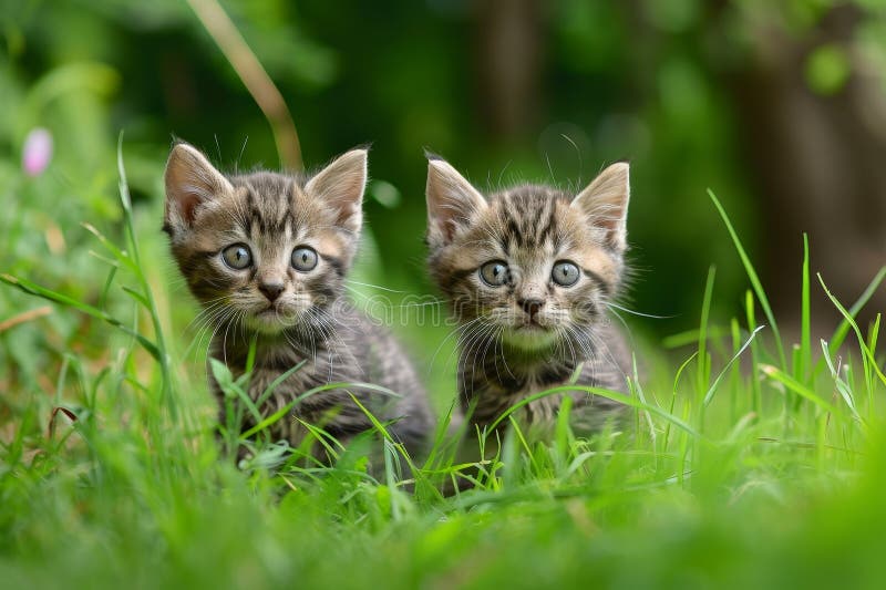 Two Cute Kittens Standing in Green Grass Stock Illustration ...