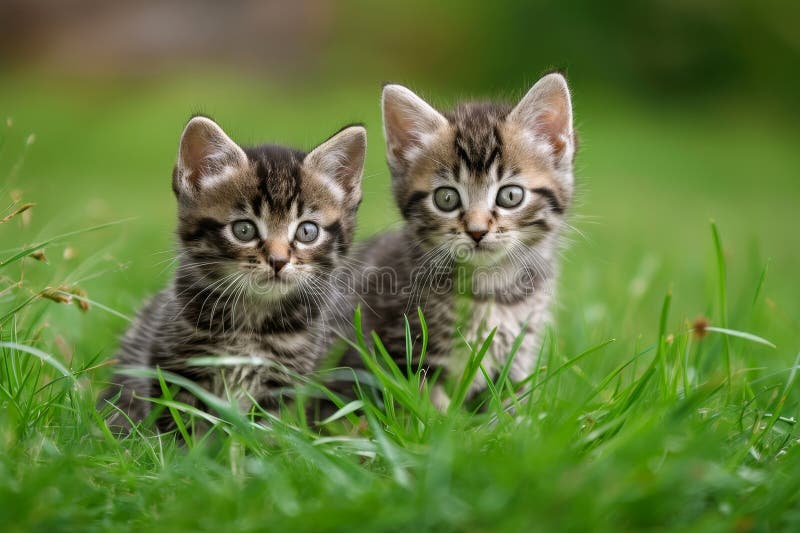 Two Cute Kittens Standing in Green Grass Stock Illustration ...