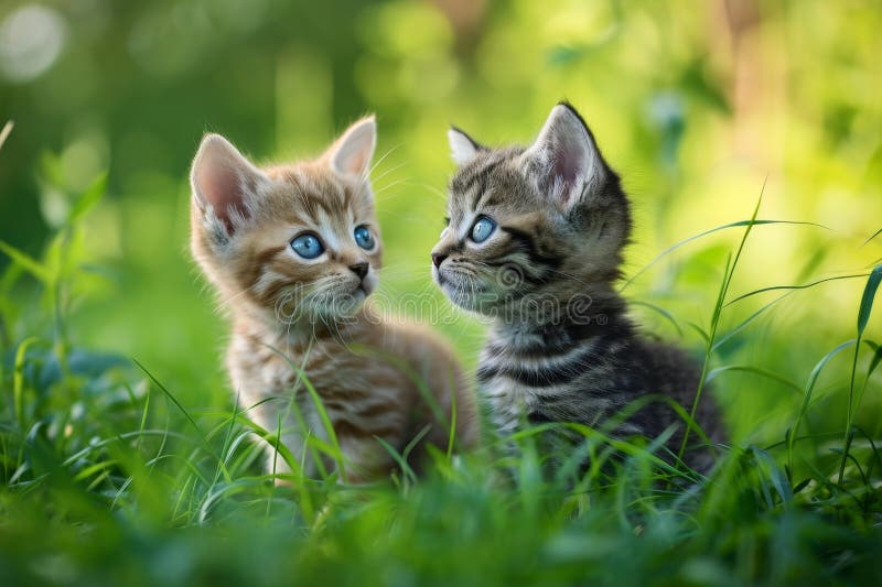 Two Cute Kittens Standing in Green Grass Stock Illustration ...