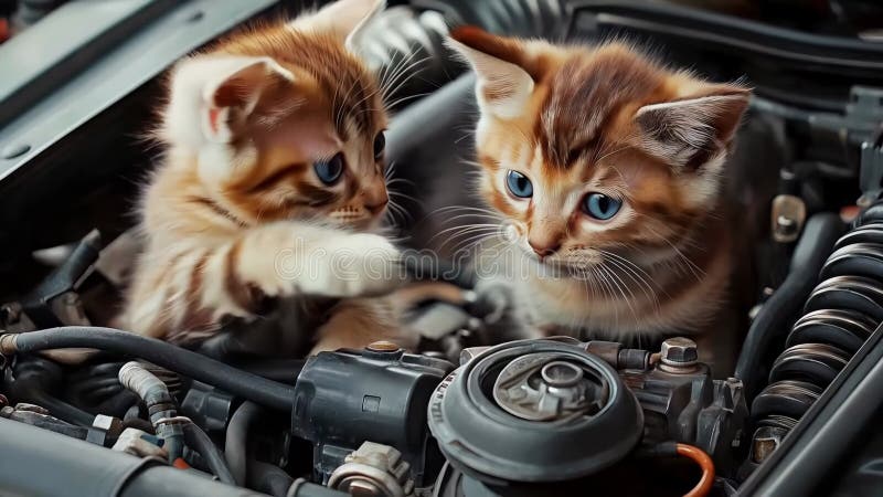 Two Cute Kittens Trapped Inside Car Engine Compartment Stock Video ...