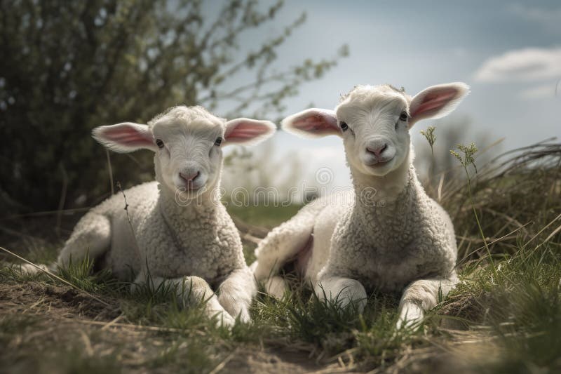 Two Cute Lamb. Generative AI Stock Illustration - Illustration of snout ...