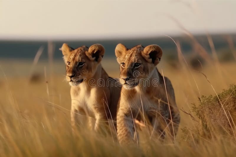 Two Cute Lion Cubs Playing in the Flat Grass of the Savannah Created ...