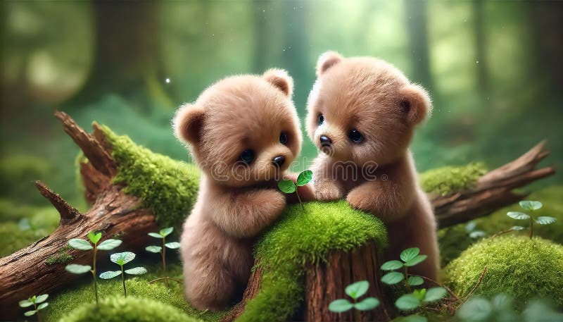 Two Cute Little Bears Play in Mossy Forest Stock Illustration ...
