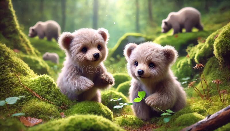 Two Cute Little Bears Play in Mossy Forest Stock Illustration ...