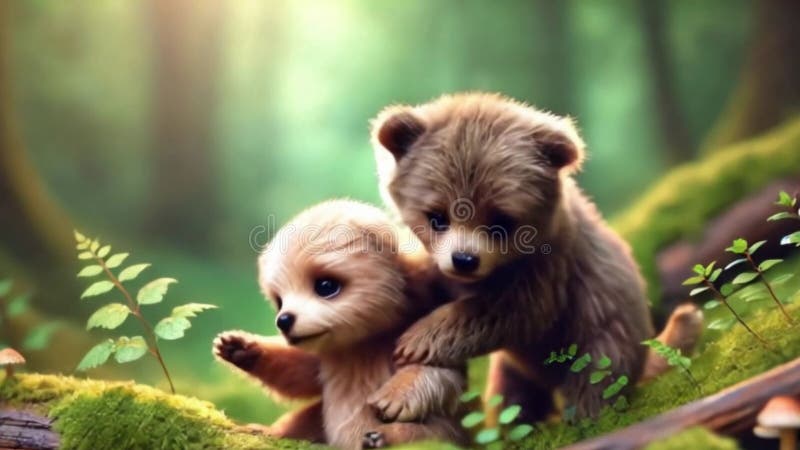 Two Cute Little Bears Play in Mossy Forest Stock Footage - Video of ...