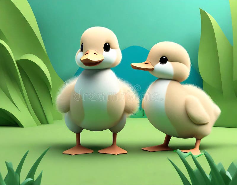 Two Cute Cartoon Little Ducklings in Three-dimensional Style Stock ...